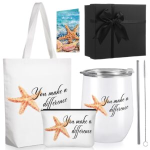 5 pcs employee appreciation gift set, 12 oz stainless steel wine tumbler canvas tote bag makeup bag starfish inspirational card with gift box for women graduation teacher nurse secretary assistant