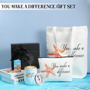 5 Pcs Employee Appreciation Gift Set, 12 oz Stainless Steel Wine Tumbler Canvas Tote Bag Makeup Bag Starfish Inspirational Card with Gift Box for Women Graduation Teacher Nurse Secretary Assistant