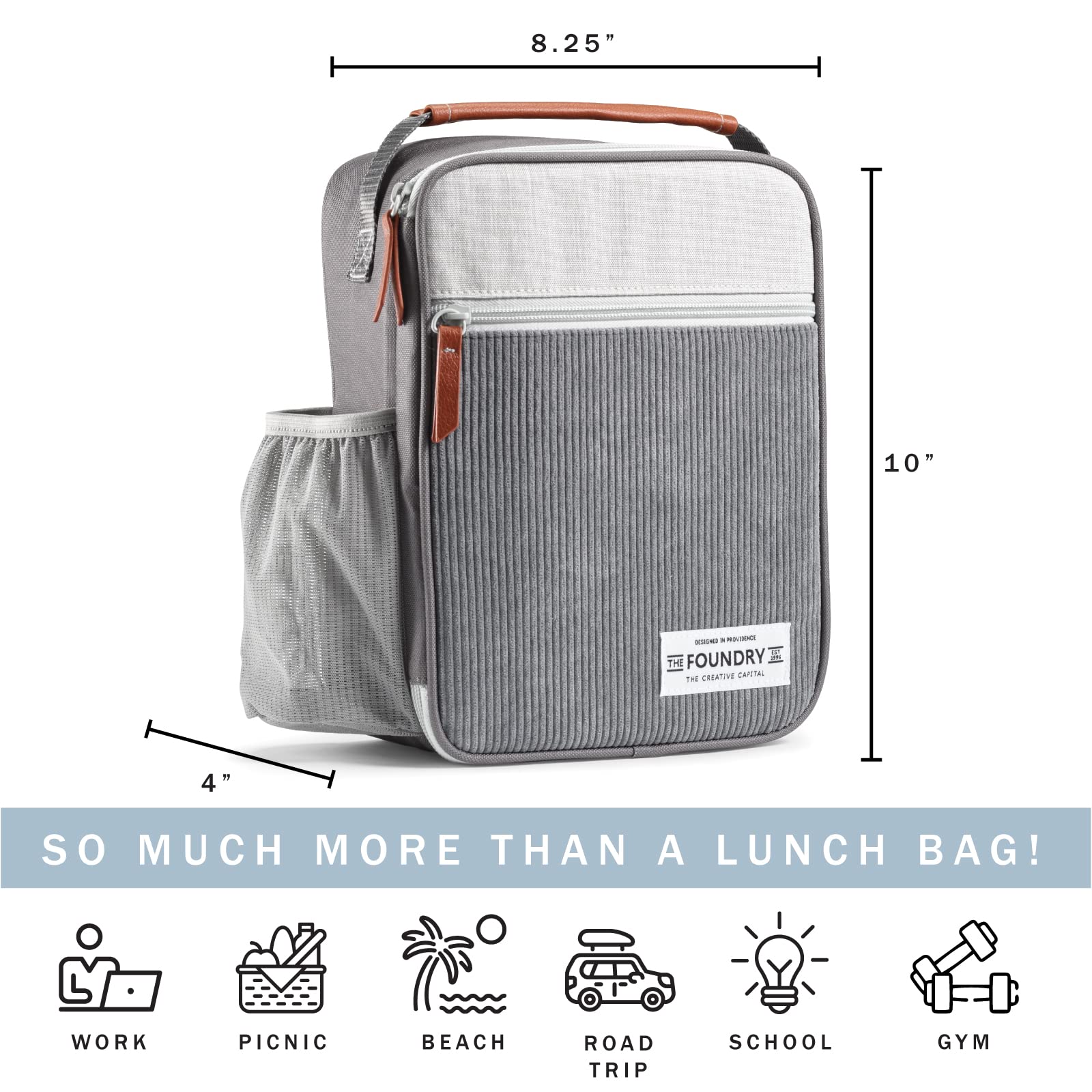 Fit & Fresh Insulated Lunch Box for Kids, Unisex, Polyester, Charcoal, 10" x 8.25" x 4", with Side Pocket and Front Zip