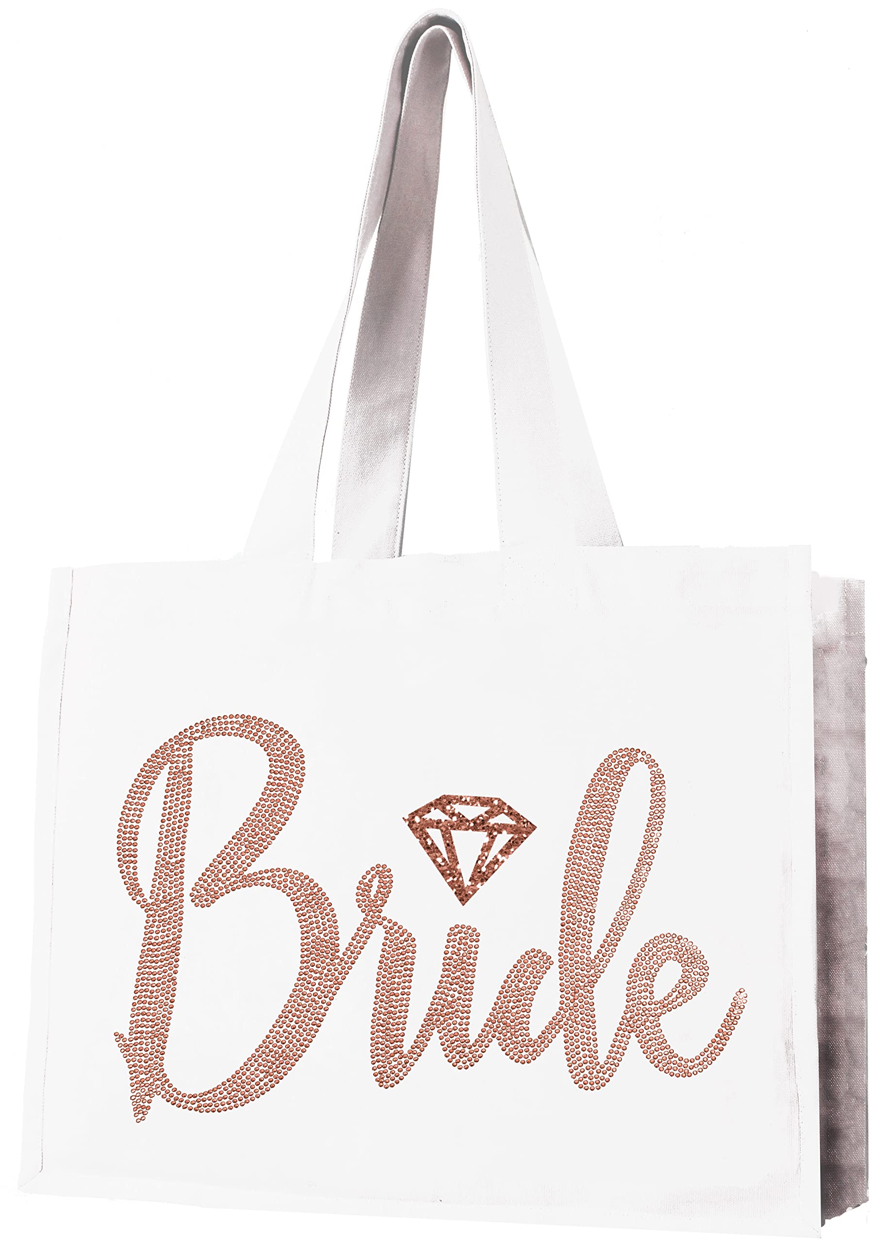 Rose Gold Bride Tote Bag - Giant Brides Tote with Diamond Motif, Bridal Shower Gift & Bridal Accessories - White Tote(DBride RSG) WHT