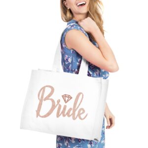 Rose Gold Bride Tote Bag - Giant Brides Tote with Diamond Motif, Bridal Shower Gift & Bridal Accessories - White Tote(DBride RSG) WHT