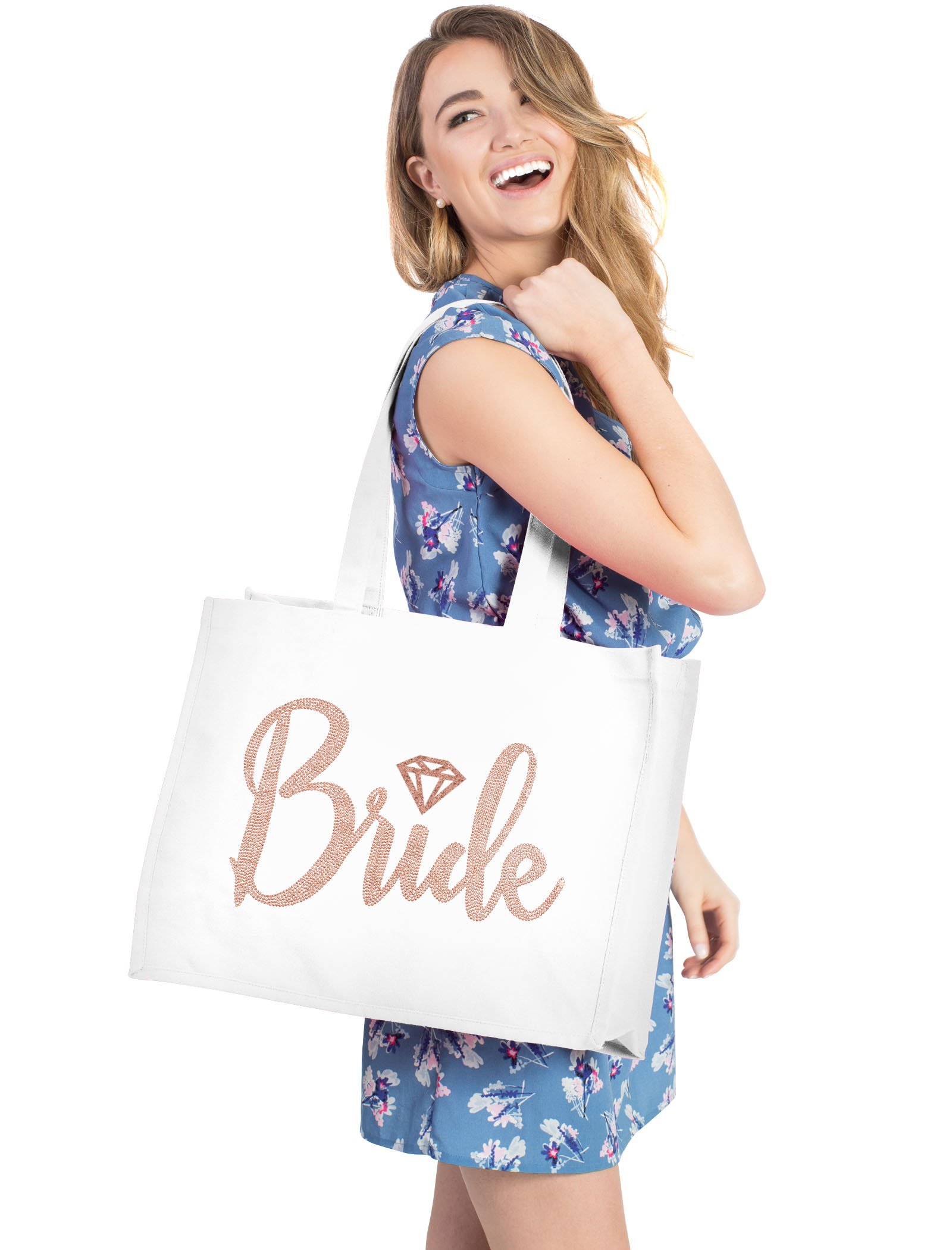 Rose Gold Bride Tote Bag - Giant Brides Tote with Diamond Motif, Bridal Shower Gift & Bridal Accessories - White Tote(DBride RSG) WHT