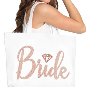 Rose Gold Bride Tote Bag - Giant Brides Tote with Diamond Motif, Bridal Shower Gift & Bridal Accessories - White Tote(DBride RSG) WHT