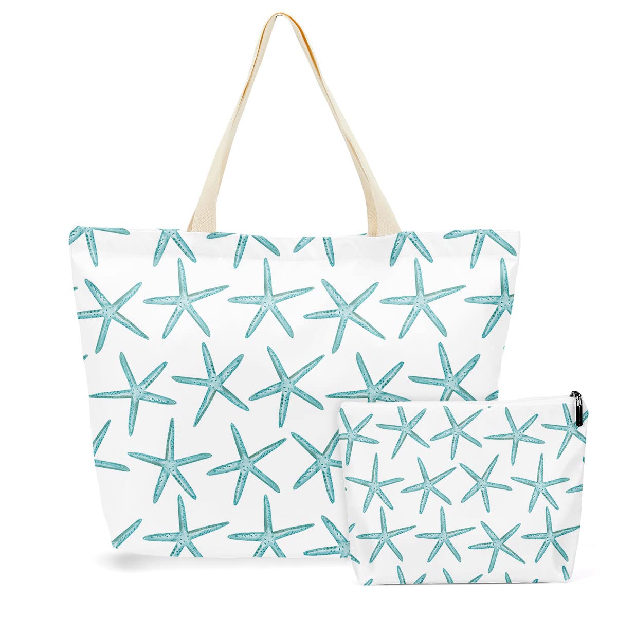 Tote Bag Makeup Bag Starfish Decor Beach Bag Ocean Sea Animals Starfish Story Birthday Christmas Gifts for Women Girls Best Friend Sister Waterproof Tote Bag with Zipper Cosmetic Bag Set of 2