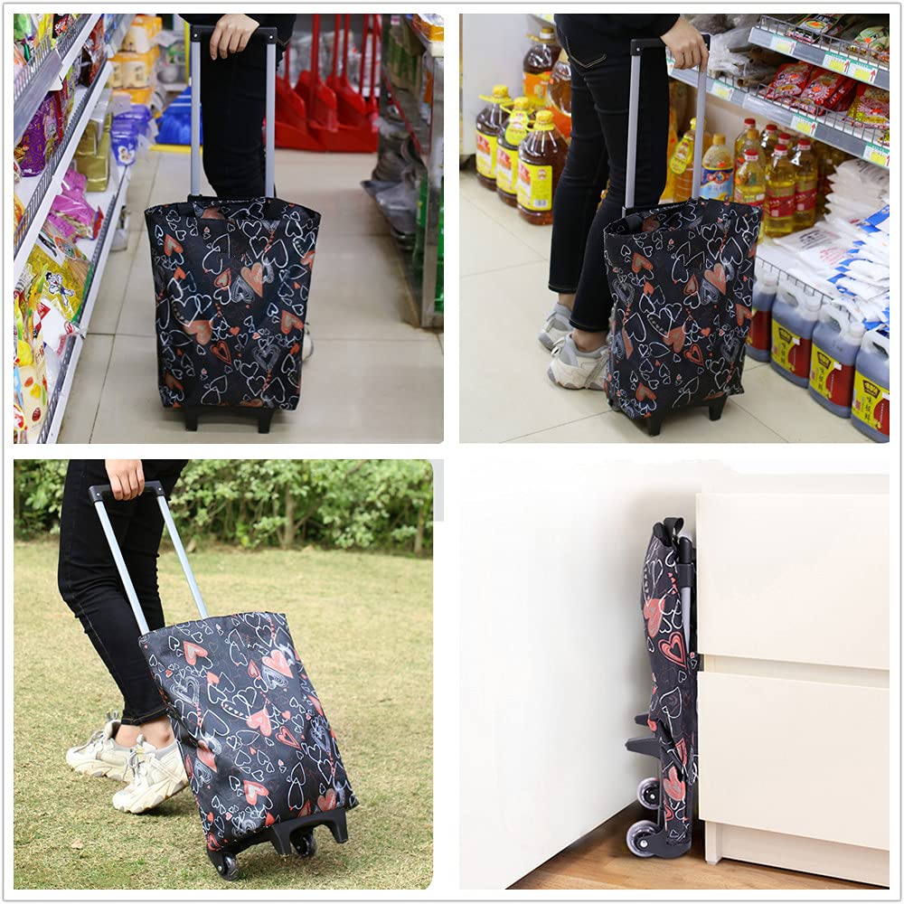 Falytemow Foldable Shopping Bag with Wheels Oxford Fabric Bag Collapsible Reusable Tote Bags for Travel Home Kitchen Supermarket