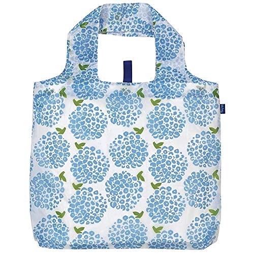 rockflowerpaper Reusable Grocery Bags for Shopping - Blue Hydrangea Pattern Blu Bag - Machine Washable, Foldable, Packable Tote - Large Handles - Heavy Duty and Lightweight - Zippered Top Pouch