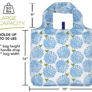 rockflowerpaper Reusable Grocery Bags for Shopping - Blue Hydrangea Pattern Blu Bag - Machine Washable, Foldable, Packable Tote - Large Handles - Heavy Duty and Lightweight - Zippered Top Pouch