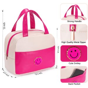 Lunch Bag Women Insulated Lunch Box for Reusable Waterproof Lunch Tote Bag with Preppy Lunch Bag,Soft Leather Lunchbag for Travel Work Picnic (Rose Red&White)