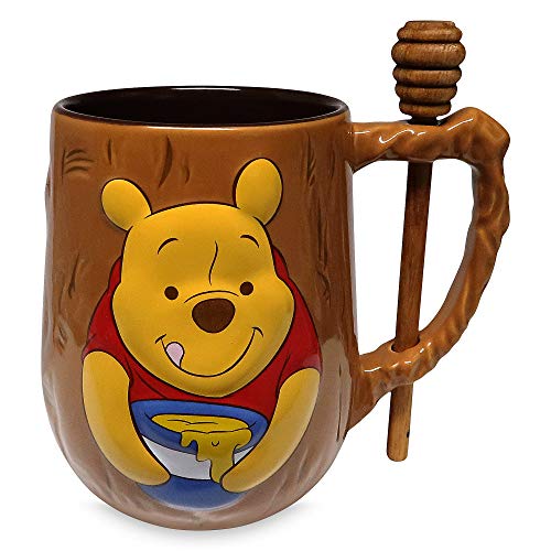 Disney Ceramic Wood finish Drinking Cup, Winnie the Pooh Mug and Honey Dipper Set, 25. Ounces