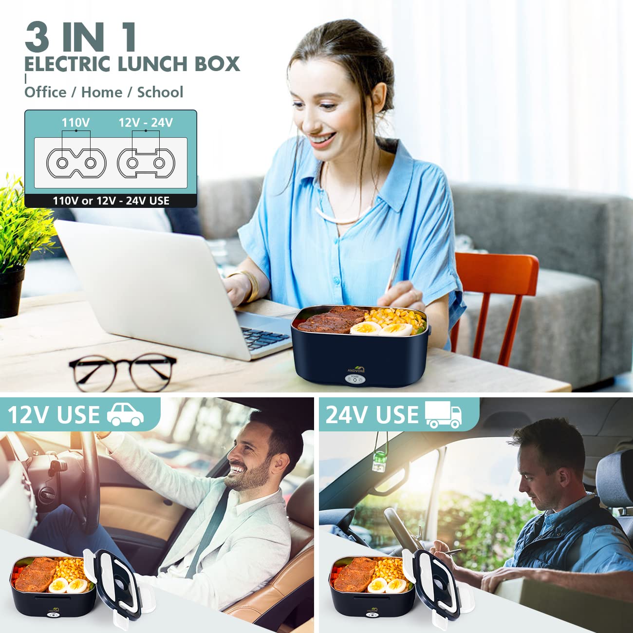 Andvon Electric Lunch Box 60W Food Heater 3-In-1 Portable Food Warmer Lunch Box for Car & Home,1.5L Heated Lunch Boxes for Adults, Truckers,with Carry Bag