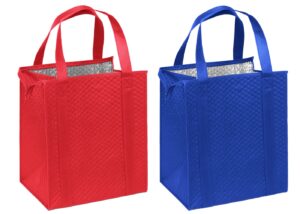 hannah large capacity heavy duty insulated smart shopping bag - strong reusable grocery tote (2 pack, red & blue)