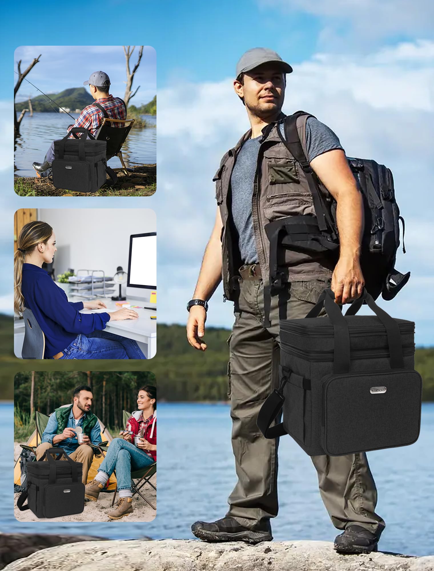 ESMNOAN 21L Large Lunch Bag, Waterproof Leakproof, Double Deck Lunch Box, Keep Warm or Cold For Work Travel Picnic, Black