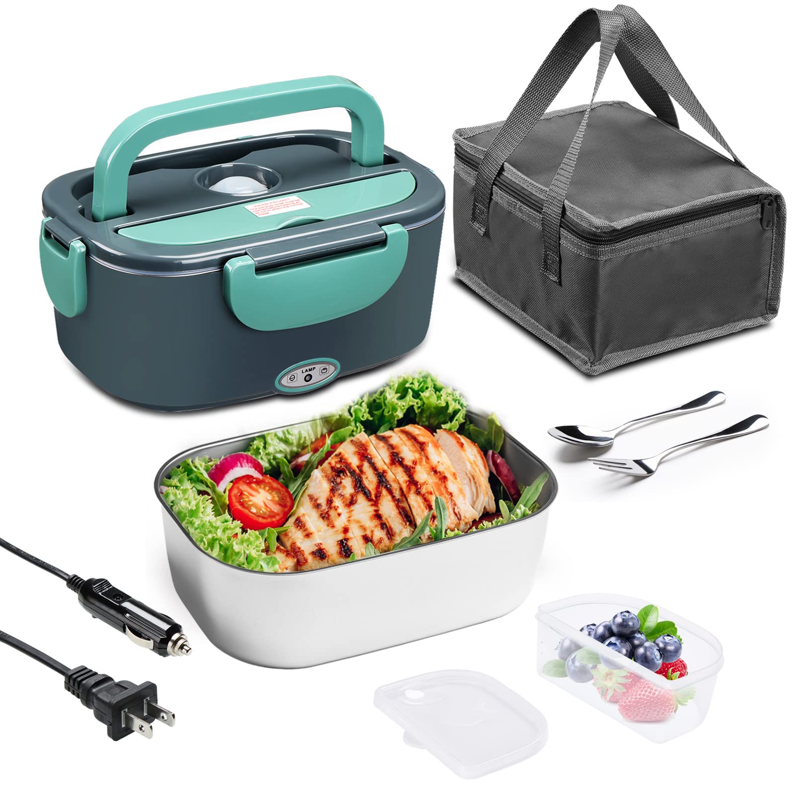 Electric Lunch Box 60W Food Heater, 4 in 1 Portable Heated Lunch Box for Car Truck Work Adults, Leak Proof, Self Heating Lunch Box with 1.5L 304 SS Container, Fork & Spoon Carry Bag 110V/220V/12V/24V