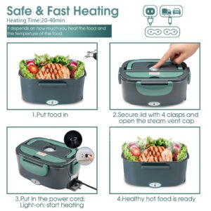 Electric Lunch Box 60W Food Heater, 4 in 1 Portable Heated Lunch Box for Car Truck Work Adults, Leak Proof, Self Heating Lunch Box with 1.5L 304 SS Container, Fork & Spoon Carry Bag 110V/220V/12V/24V