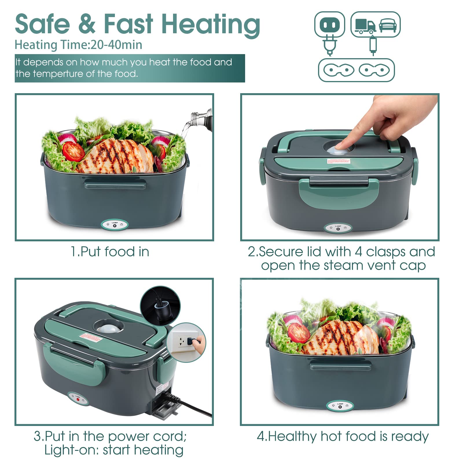 Electric Lunch Box 60W Food Heater, 4 in 1 Portable Heated Lunch Box for Car Truck Work Adults, Leak Proof, Self Heating Lunch Box with 1.5L 304 SS Container, Fork & Spoon Carry Bag 110V/220V/12V/24V