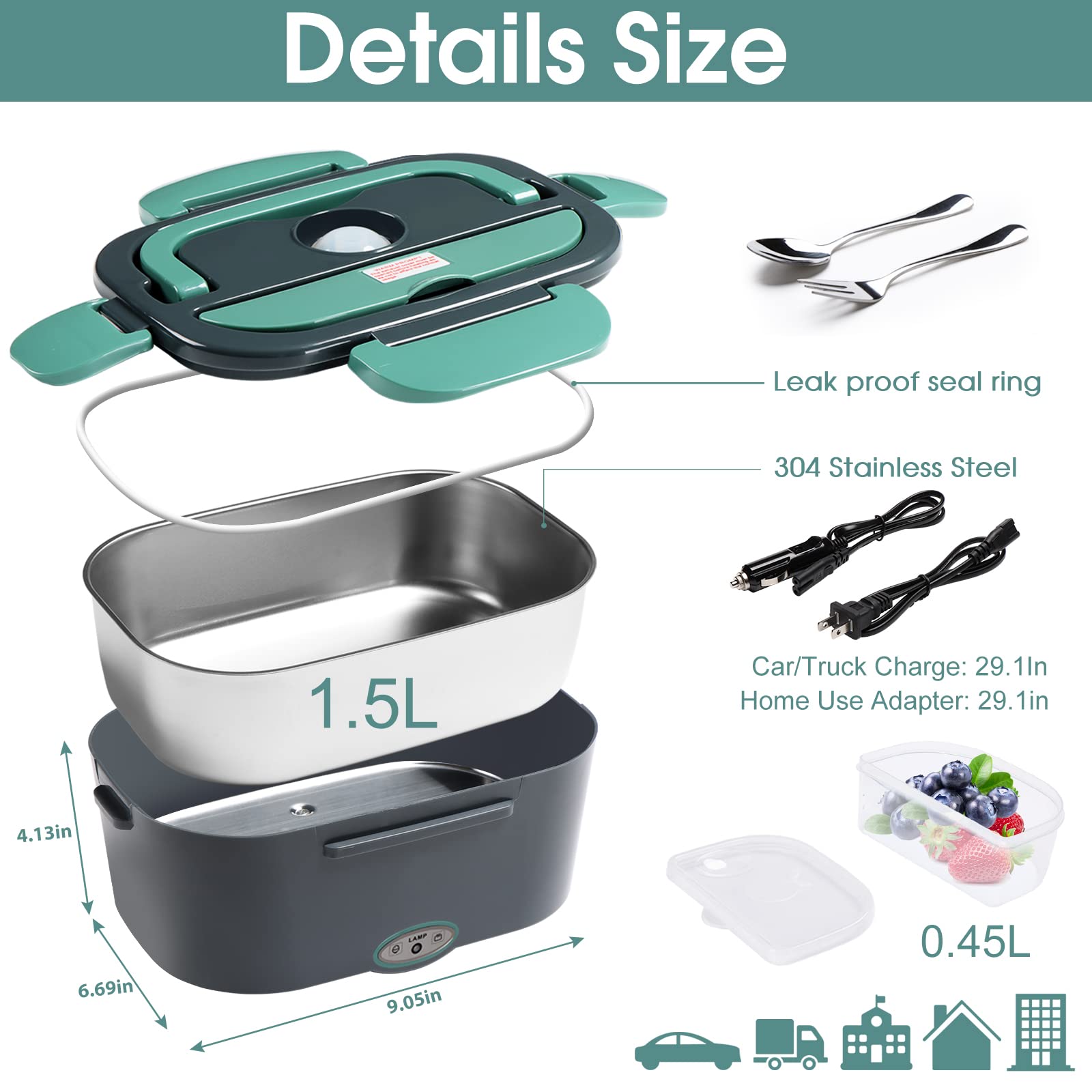 Electric Lunch Box 60W Food Heater, 4 in 1 Portable Heated Lunch Box for Car Truck Work Adults, Leak Proof, Self Heating Lunch Box with 1.5L 304 SS Container, Fork & Spoon Carry Bag 110V/220V/12V/24V