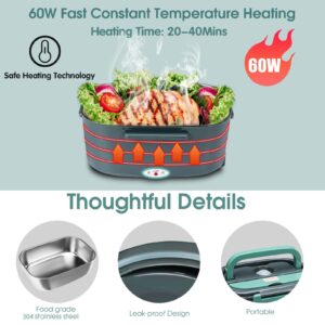 Electric Lunch Box 60W Food Heater, 4 in 1 Portable Heated Lunch Box for Car Truck Work Adults, Leak Proof, Self Heating Lunch Box with 1.5L 304 SS Container, Fork & Spoon Carry Bag 110V/220V/12V/24V