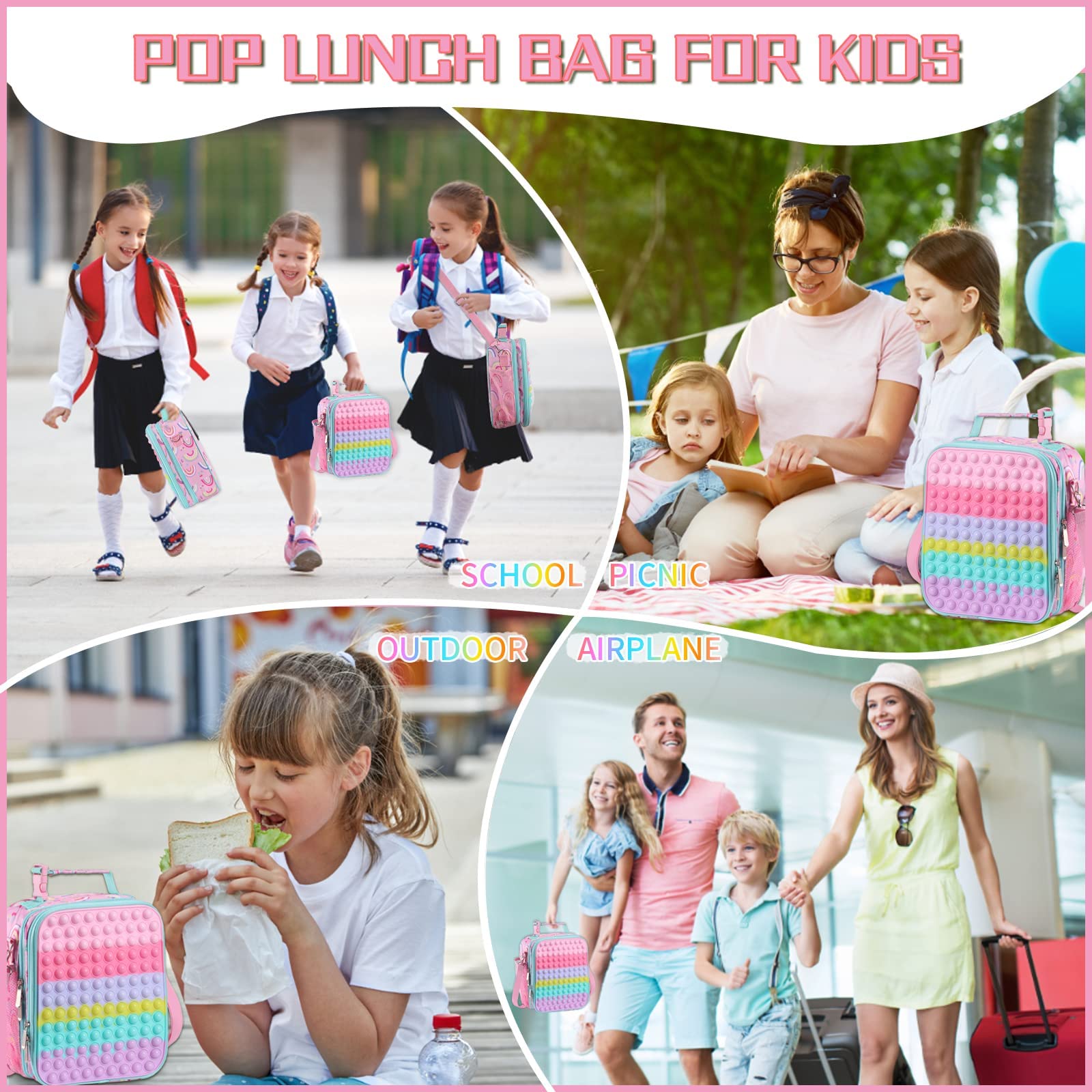 Woosir Lunch Bag for Kids Girls Pop Insulated Lunch Box Christmas Gift Pink Cute Lunch Tote Bag Box for Girls Leakproof with Removable Shoulder Strap for Picnic Travel Camping