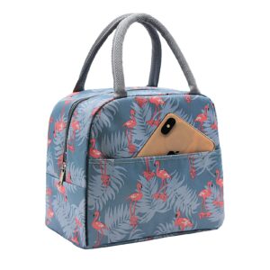 mziart insulated lunch bag for women men, reusable lunch tote lunch box organizer cooler bag with front pocket for work travel picnic (cute flamingo)