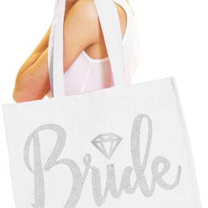 Bride Tote Bag, Bride Kit- Giant 18" x 14" Cotton Canvas White Totes with Diamond Motif Rhinestones, Engagement or Bridal Shower Gift & Accessories Bride Tote - White Tote(DiaBride RS) WHT