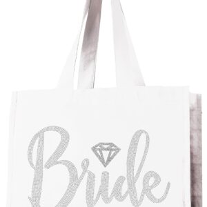 Bride Tote Bag, Bride Kit- Giant 18" x 14" Cotton Canvas White Totes with Diamond Motif Rhinestones, Engagement or Bridal Shower Gift & Accessories Bride Tote - White Tote(DiaBride RS) WHT