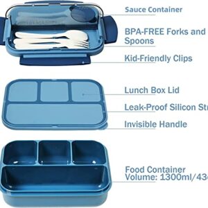 Puraville BPA-FREE Bento Lunch Box for Kids Toddlers Adults,1300ML Microwavable Leak-Proof Bento Box with 4 Compartments for Work,School,Picnic,Blue