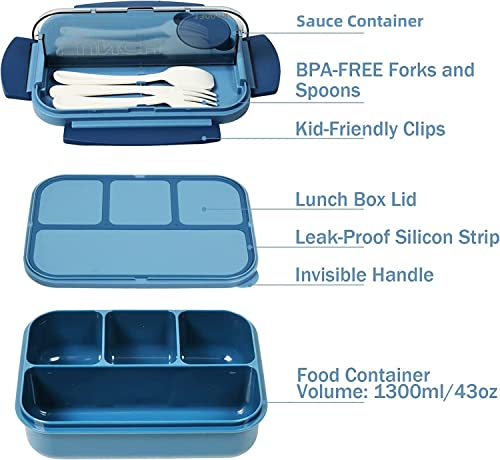 Puraville BPA-FREE Bento Lunch Box for Kids Toddlers Adults,1300ML Microwavable Leak-Proof Bento Box with 4 Compartments for Work,School,Picnic,Blue