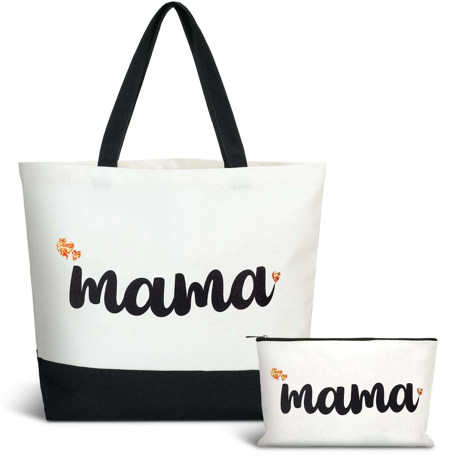 Cunno 2 Pcs Mom Canvas Tote Bag Bag with Makeup Bags, Reusable Tote Bag, Mother of the Bride Tote Bag for Girls Bride Mother (Mama)