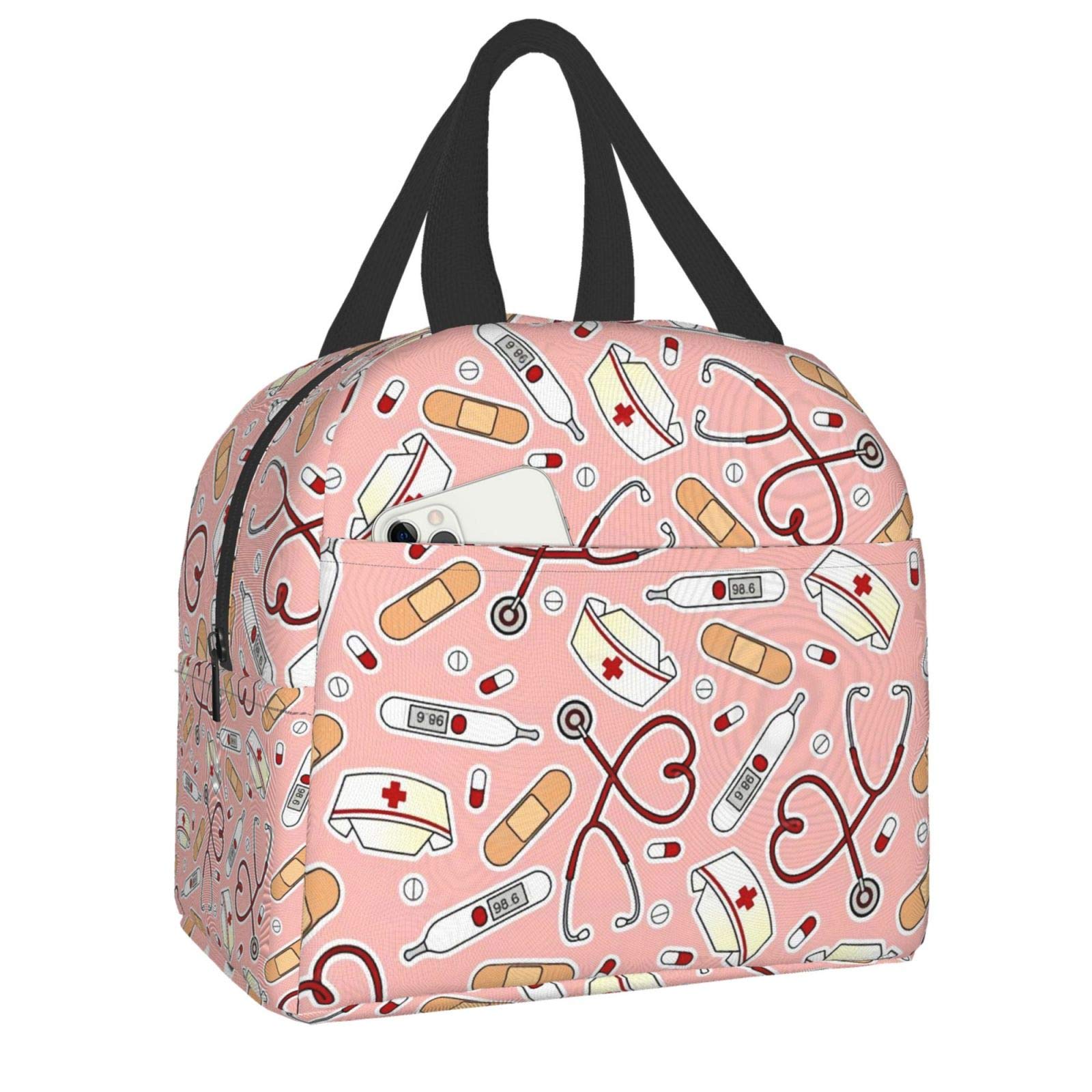 antcreptson Nurse Print Pink Lunch Bag Tote Bag Lunch Bag for Women Lunch Box Insulated Lunch Container