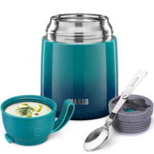 maxso soup thermo for hot & cold food for adults kids, 17 oz vacuum insulated steel lunch container bento box with spoon, leakproof thermal food jar for school office travel - blue green