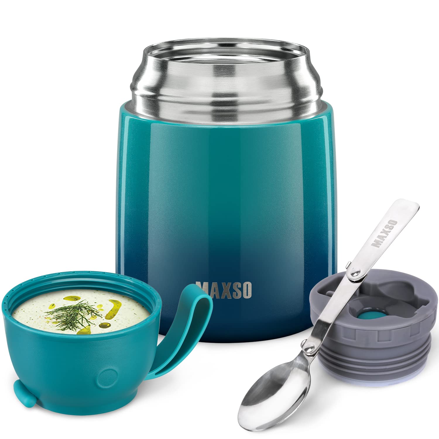 MAXSO Soup Thermo for Hot & Cold Food for Adults Kids, 17 oz Vacuum Insulated Steel Lunch Container Bento Box with Spoon, Leakproof Thermal Food Jar for School Office Travel - Blue Green