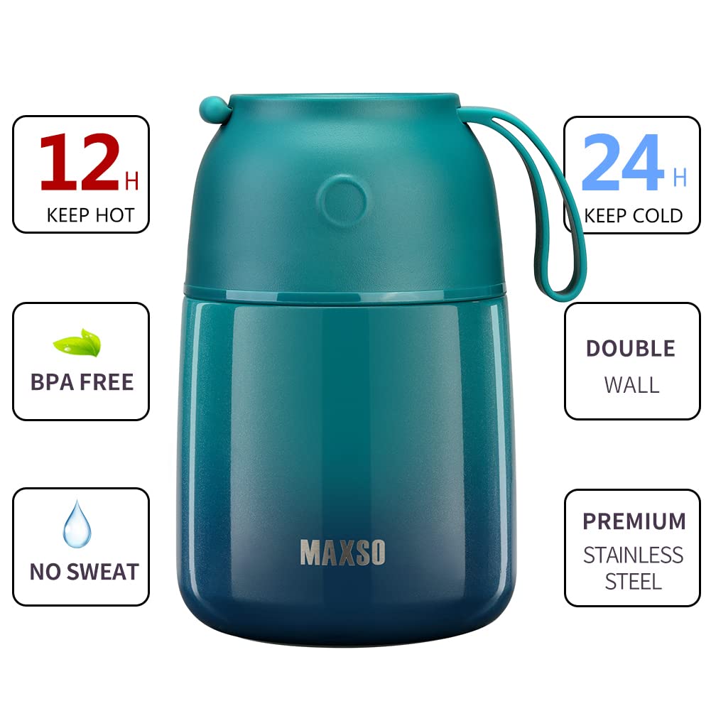 MAXSO Soup Thermo for Hot & Cold Food for Adults Kids, 17 oz Vacuum Insulated Steel Lunch Container Bento Box with Spoon, Leakproof Thermal Food Jar for School Office Travel - Blue Green