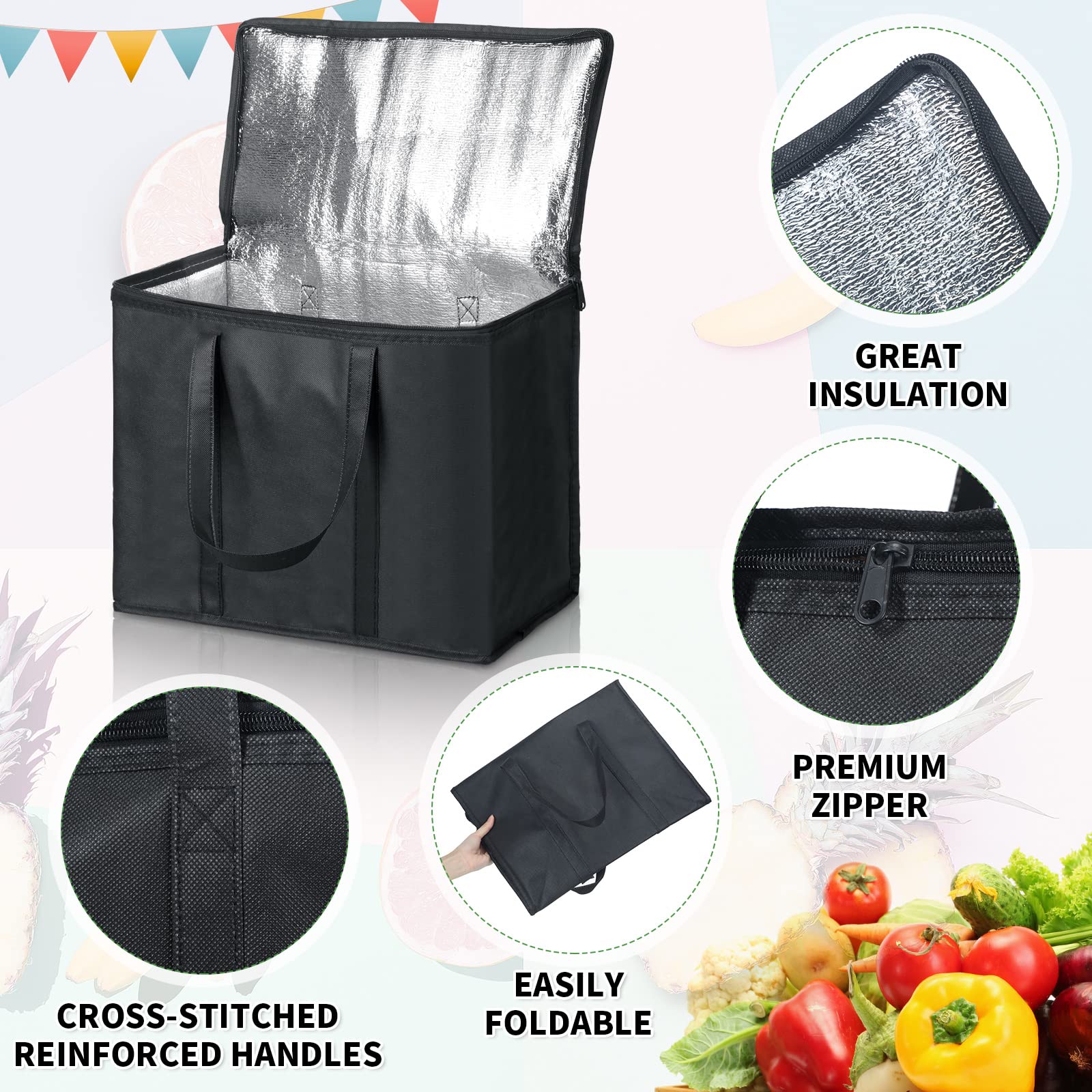 Kenning 15 Pcs Large Insulated Reusable Grocery Bags with Sturdy Zipper and Handles Foldable Washable Cooler Totes Heavy Duty Hot or Cold Food Delivery Bags for Food Transport Travel Picnic Camping