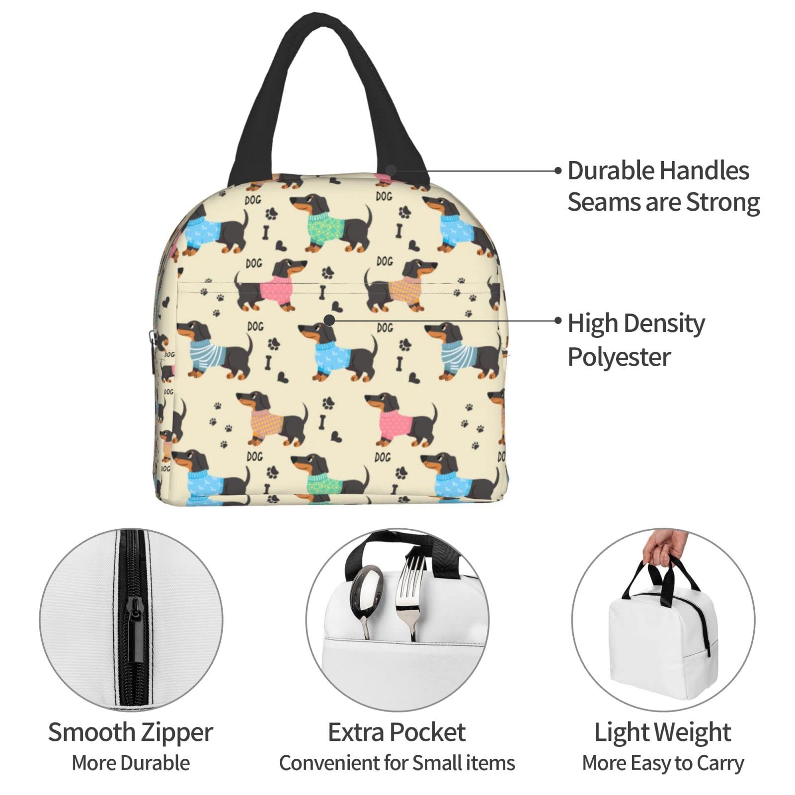 qyopvli Dachshund Lunch Bag For Women Men Insulated Lunch Box Washable Lunch Container Cooler Tote Bag Reusable Lunch Box Lightweight Meal Prep Box For Office Work Picnic Beach