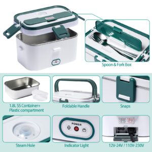 SESOCSEO Heating Lunch Box for Work, 1.8L(7.6 Cup) Car Food Warmer, 12V/24V/110V 3-In-1 Heated Lunch Box with Carry Bag Fork Spoon for Truck/Office/Home(Blue) (AB-Green) (DFH-6842)