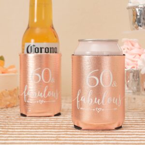 Crisky 60th Birthday Can Cooler for Women 60th Birthday Decorations Rose Gold 60 Fabulous Can Berverage Beer Sleeve Party Favor, Insulated Can Coolies 60th Birthday Gift Idea for Her 12 Pack