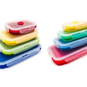 2 Set of 4 Collapsible Silicone Food Storage Container, Leftover Meal box For Kitchen, Bento Lunch Boxes, BPA Free, Microwave, Dishwasher and Freezer Safe. Foldable Design Saves Your Space.