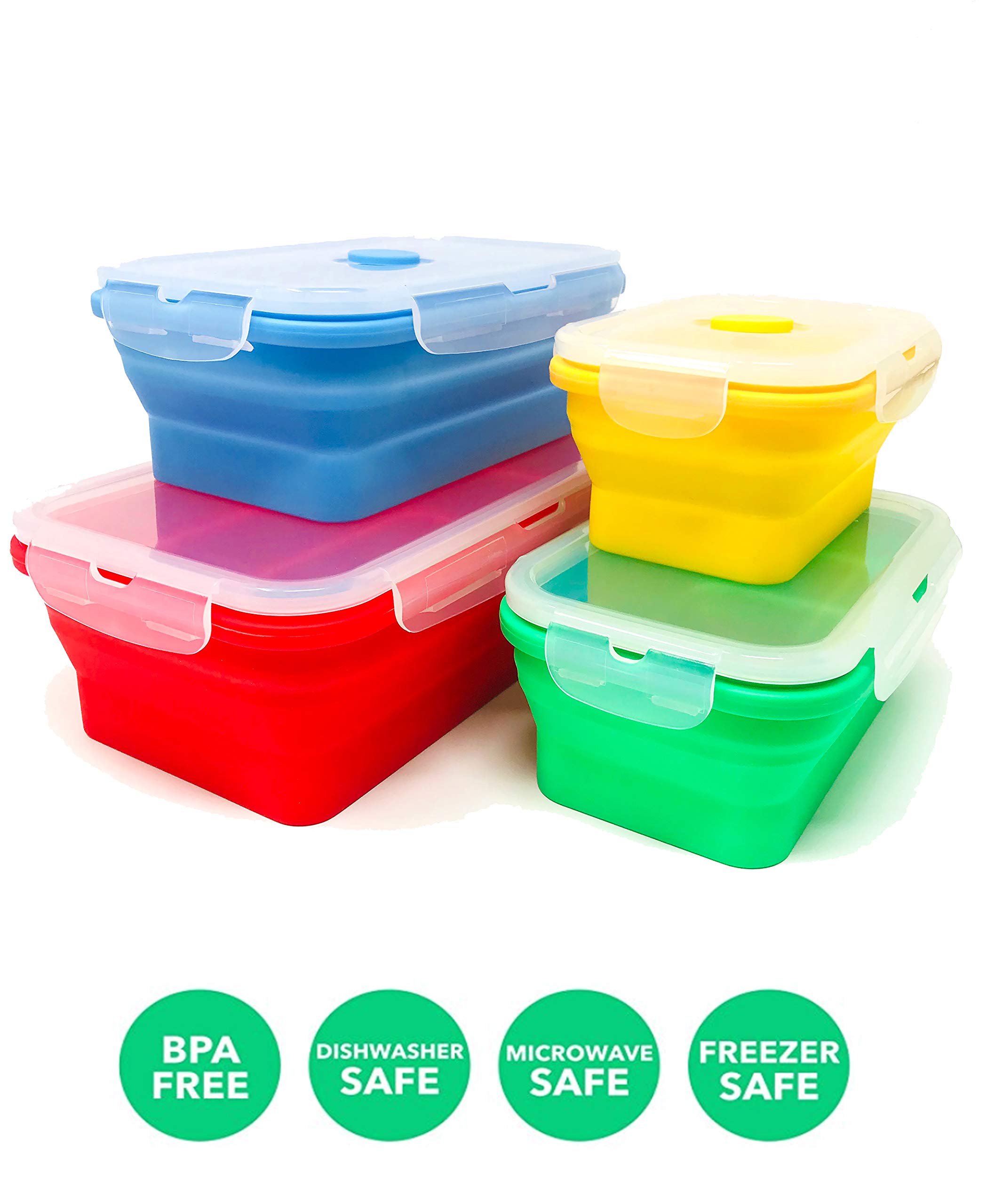 2 Set of 4 Collapsible Silicone Food Storage Container, Leftover Meal box For Kitchen, Bento Lunch Boxes, BPA Free, Microwave, Dishwasher and Freezer Safe. Foldable Design Saves Your Space.