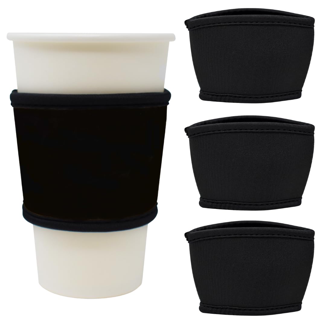 TahoeBay Coffee Cup Sleeves - 12, 16, and 20 oz Starbucks Compatible Reusable Neoprene Insulator (Black, 4)