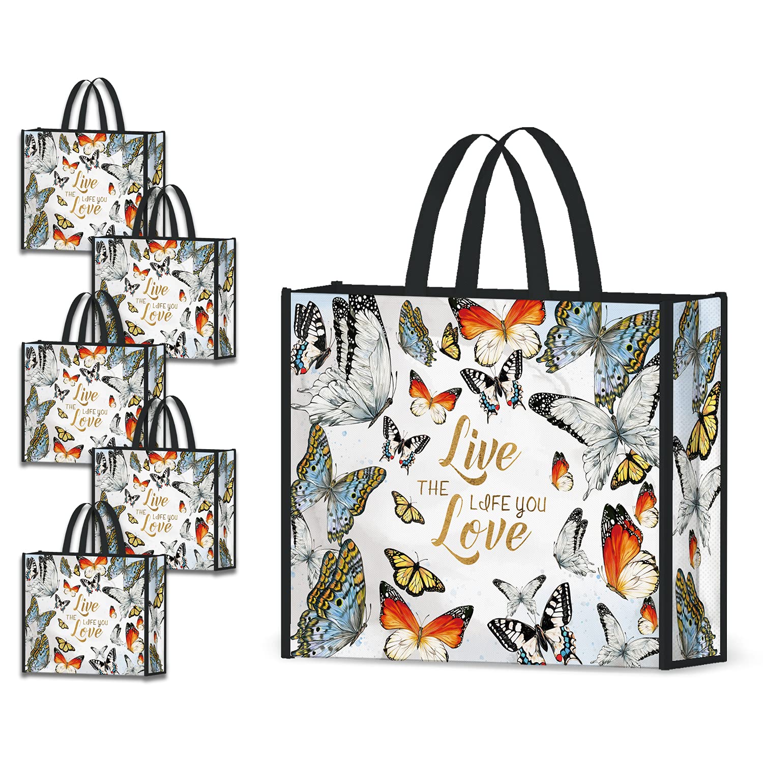 NymphFable 5 Pack Reusable Shopping Bags Colorful Butterflies Washable Grocery Bags Fabric Tote Bag