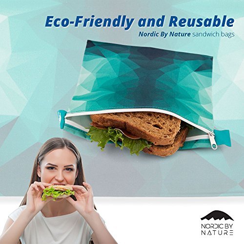 Nordic By Nature 4 Pack - Reusable Sandwich Bags Dishwasher Safe BPA Free - Durable Washable Quick Dry Cloth Baggies -Reusable Snack Bags School Lunches - Easy Open Zipper - (Turquoise)