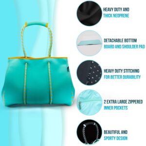 Nordic By Nature Large Designer Beach Bag Tote | Versatile Travel Tote Bag Perfect For Boat, Beach, Pool & Gym Bag | Zippered Pockets | Stretchy Room For Towels, Toys And Lotion |(Turquoise/Yellow)