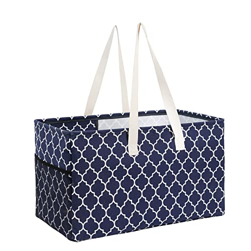 LLARUG Canvas Collapsible Utility Tote Bag,Oversized Beach Bag,Reusable Grocery Shopping Bag,Large Laundry Carry Bag,Laundry Basket (Blue Lattice)