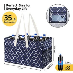 LLARUG Canvas Collapsible Utility Tote Bag,Oversized Beach Bag,Reusable Grocery Shopping Bag,Large Laundry Carry Bag,Laundry Basket (Blue Lattice)