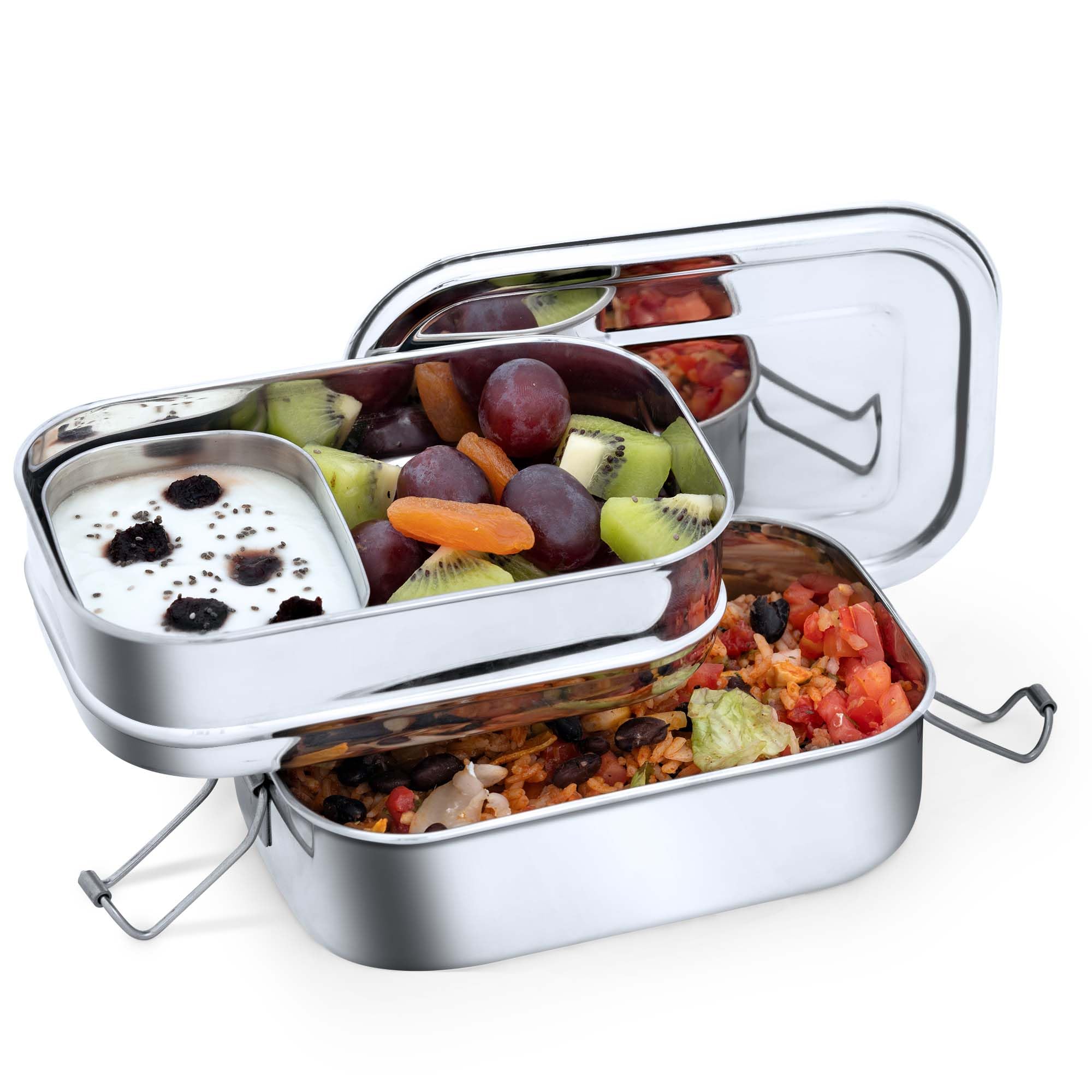 FigTree – 3 Tier Stainless Steel Lunch Box with Snack Pod 6"x4.5"x4", 3.5 Cups Food Capacity Leak Resistant Bento Box with Strong Latches – Stainless Steel Lunch Box BPA Free & Dishwasher Safe