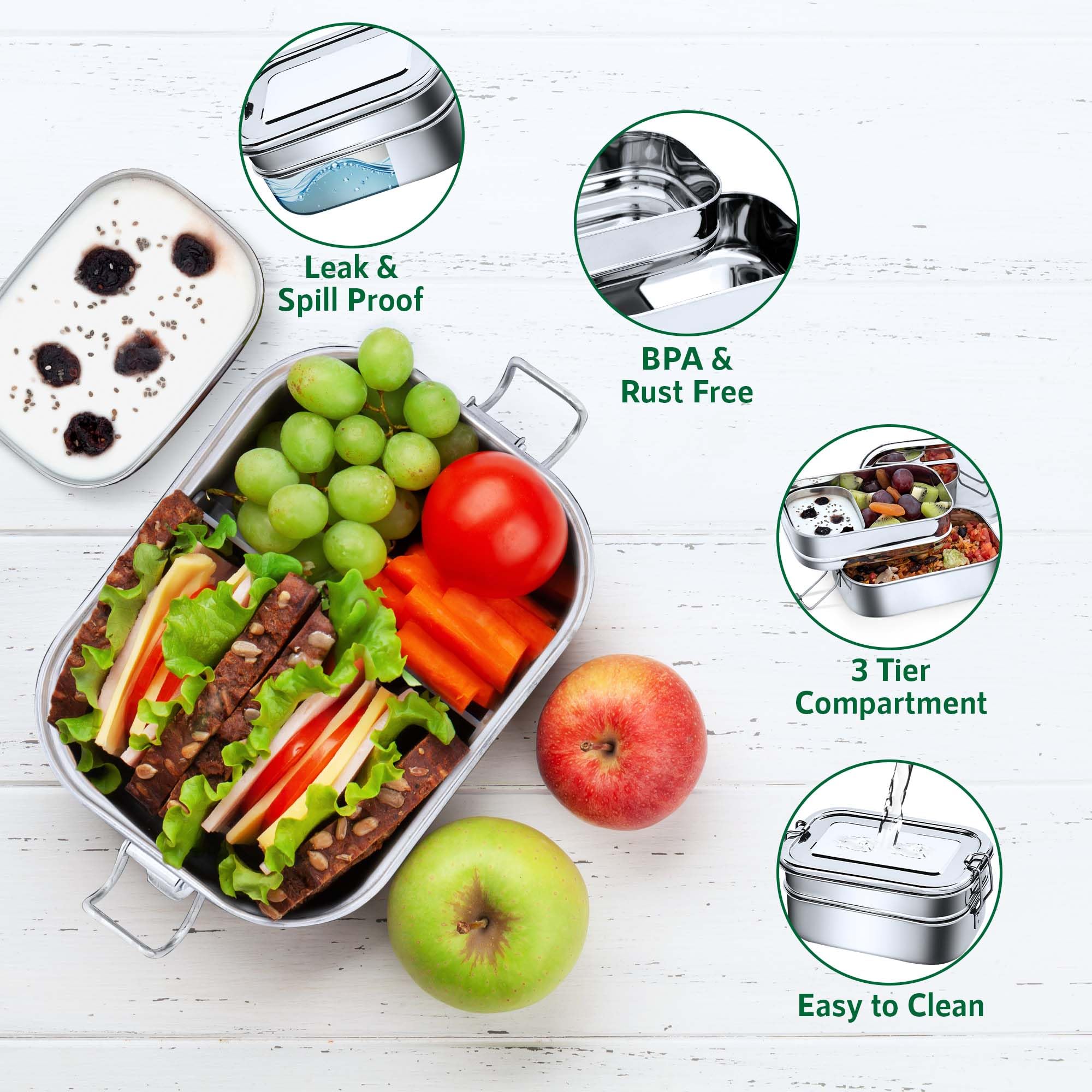 FigTree – 3 Tier Stainless Steel Lunch Box with Snack Pod 6"x4.5"x4", 3.5 Cups Food Capacity Leak Resistant Bento Box with Strong Latches – Stainless Steel Lunch Box BPA Free & Dishwasher Safe