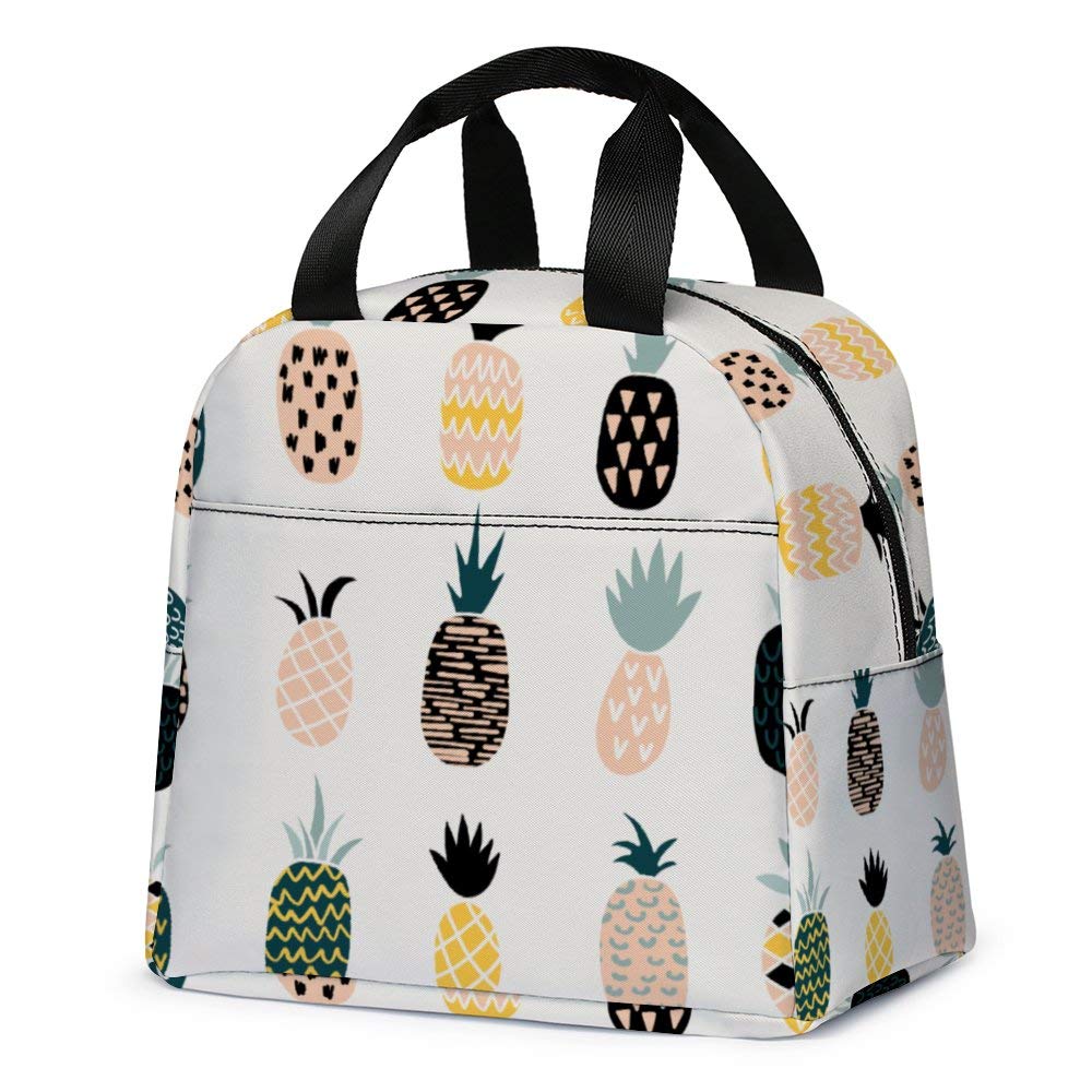 Lunch Bag, Cute Kids Reusable Cooler Lunch Tote Bag Insulated Leakproof Lunch Box Container with Front Pocket for Girls Boys School Work Picnic (Whte Pineapple)