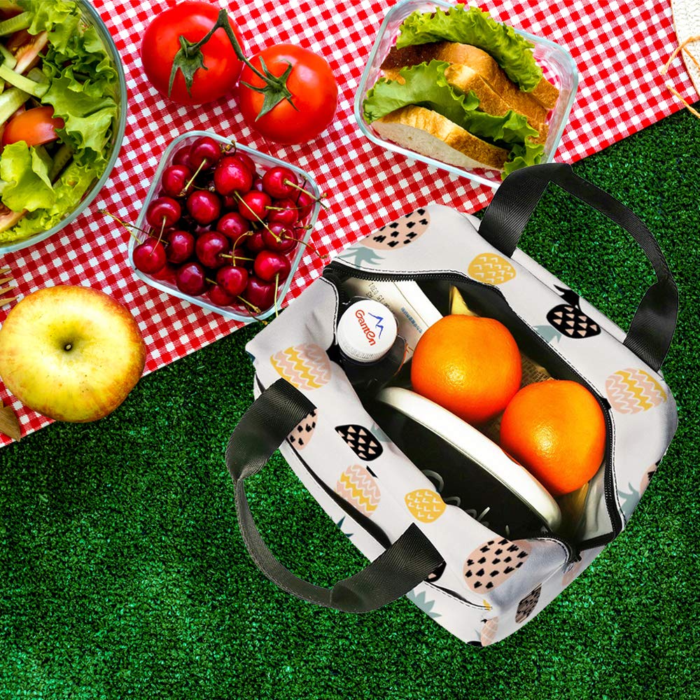 Lunch Bag, Cute Kids Reusable Cooler Lunch Tote Bag Insulated Leakproof Lunch Box Container with Front Pocket for Girls Boys School Work Picnic (Whte Pineapple)