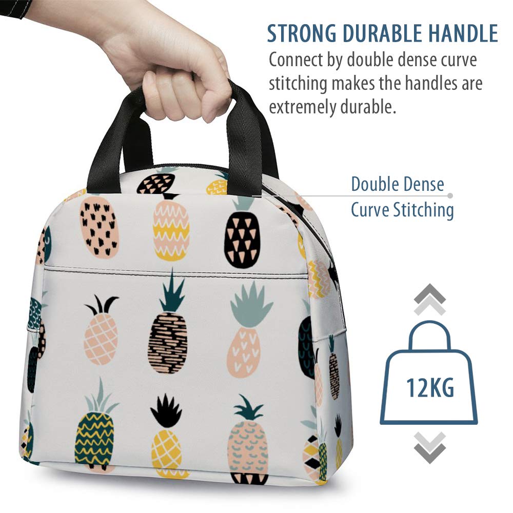 Lunch Bag, Cute Kids Reusable Cooler Lunch Tote Bag Insulated Leakproof Lunch Box Container with Front Pocket for Girls Boys School Work Picnic (Whte Pineapple)