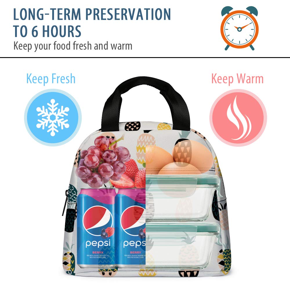 Lunch Bag, Cute Kids Reusable Cooler Lunch Tote Bag Insulated Leakproof Lunch Box Container with Front Pocket for Girls Boys School Work Picnic (Whte Pineapple)